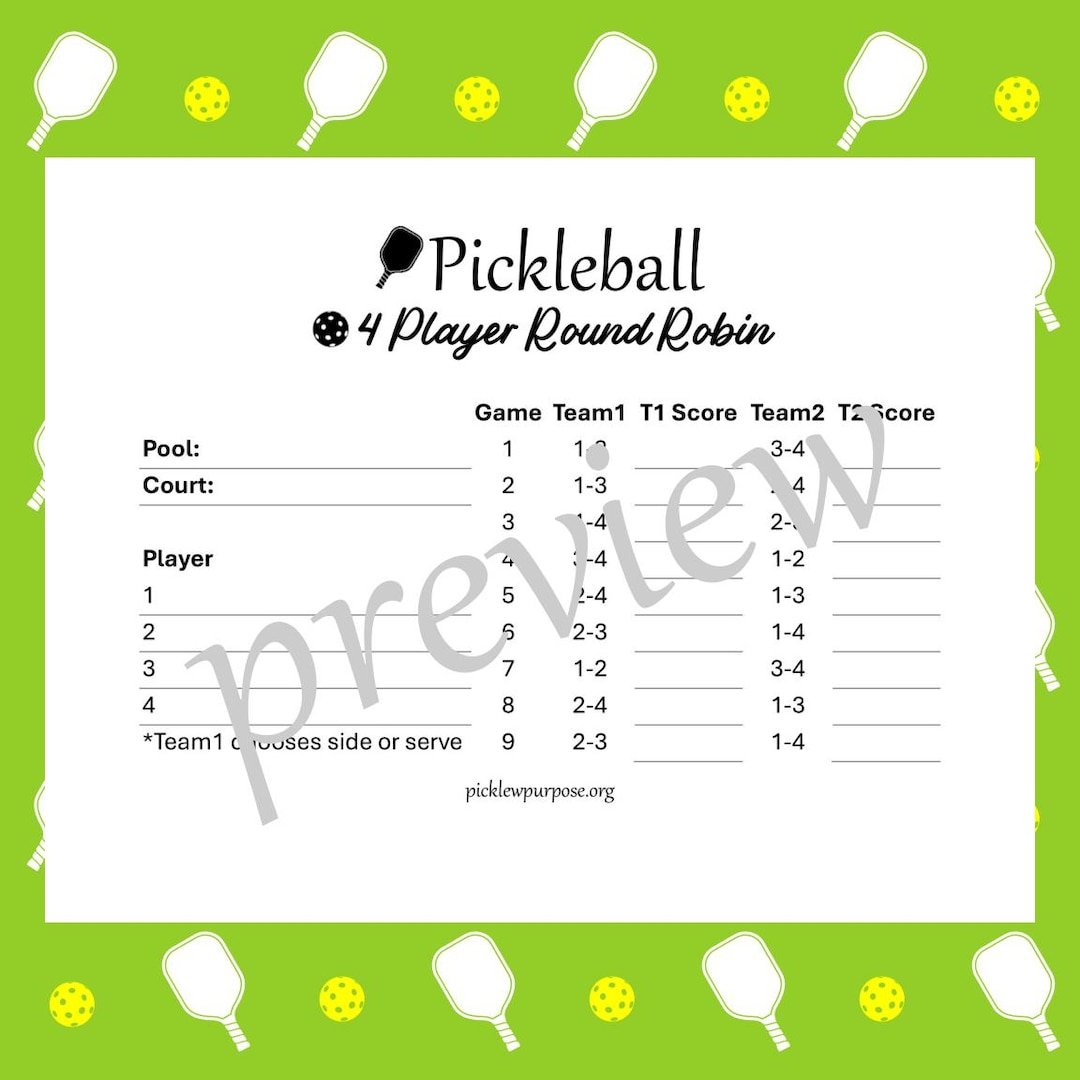 4 Player Pickleball Round Robin - Printable Pickleball Score Sheet - 9 ...