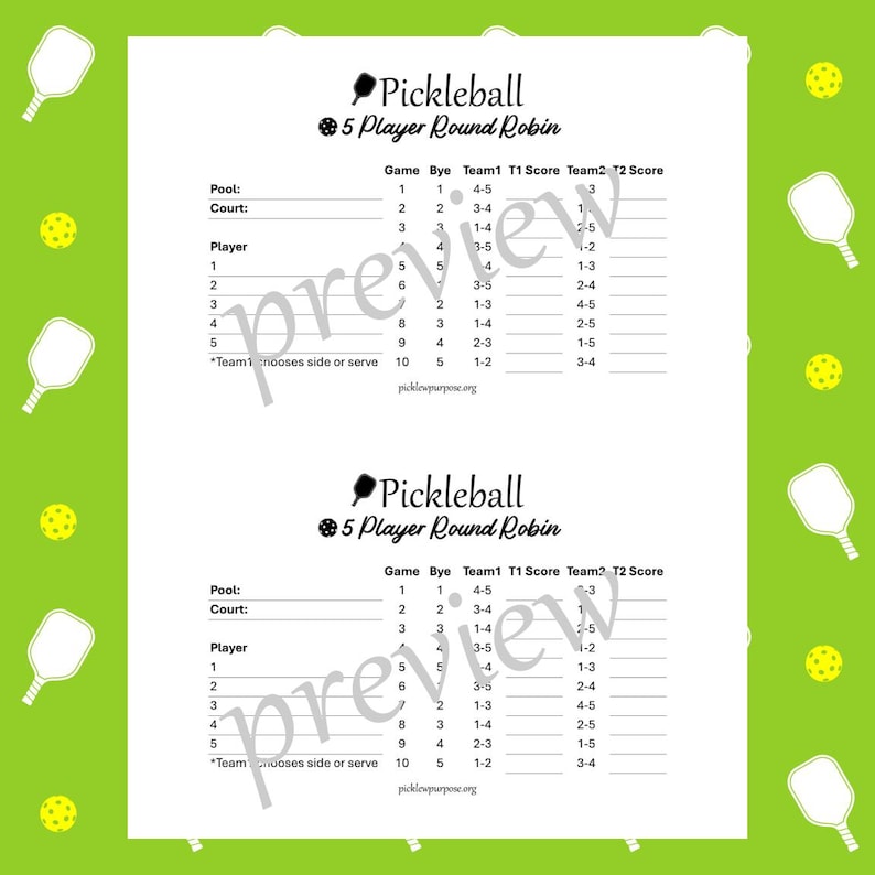 5 Player Pickleball Round Robin - Printable Pickleball Score Sheet - 10 ...