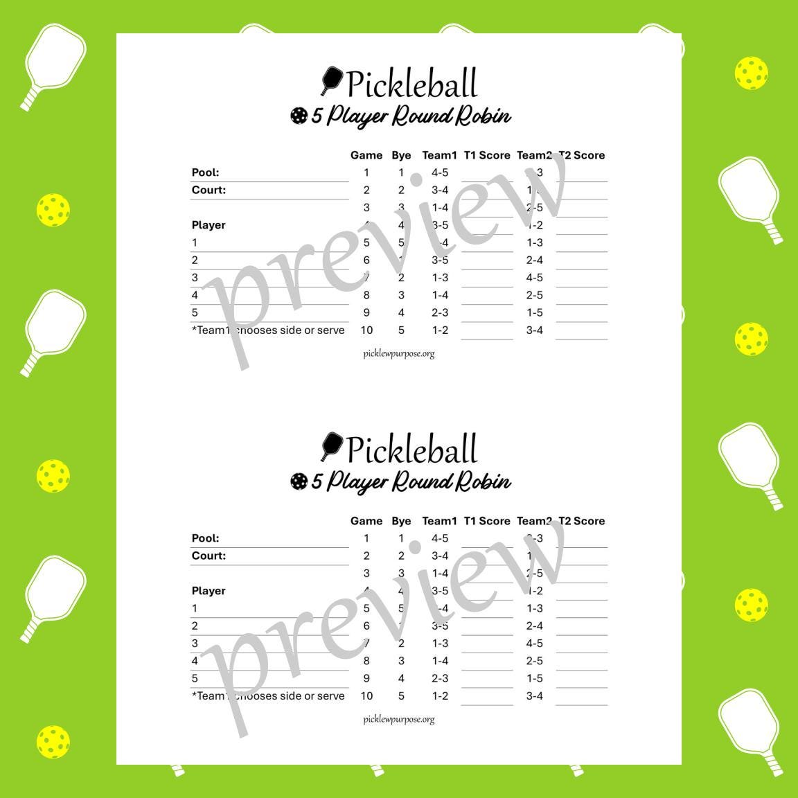 5 Player Pickleball Round Robin - Printable Pickleball Score Sheet - 10 ...