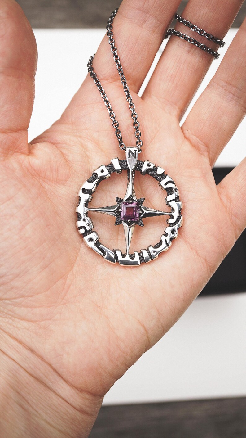 Sterling Silver Compass Wind Rose Necklace, Amethyst Cyberpunk Pendant ...