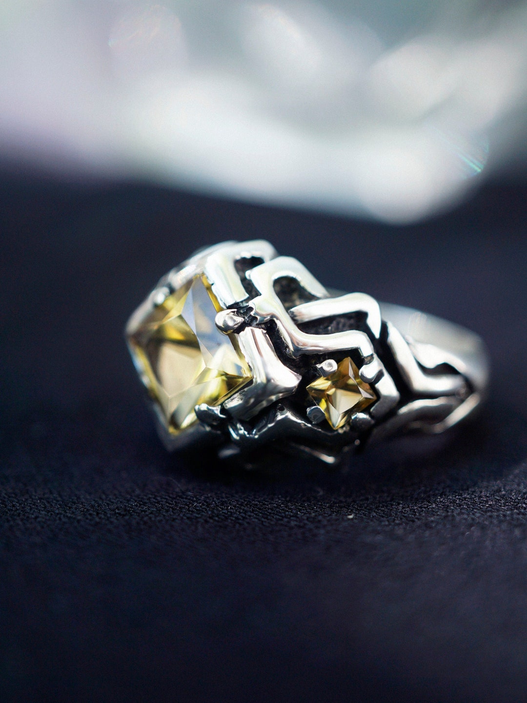 Cyberpunk Unique Citrine Ring and Garnet Ring Sterling Silver and ...