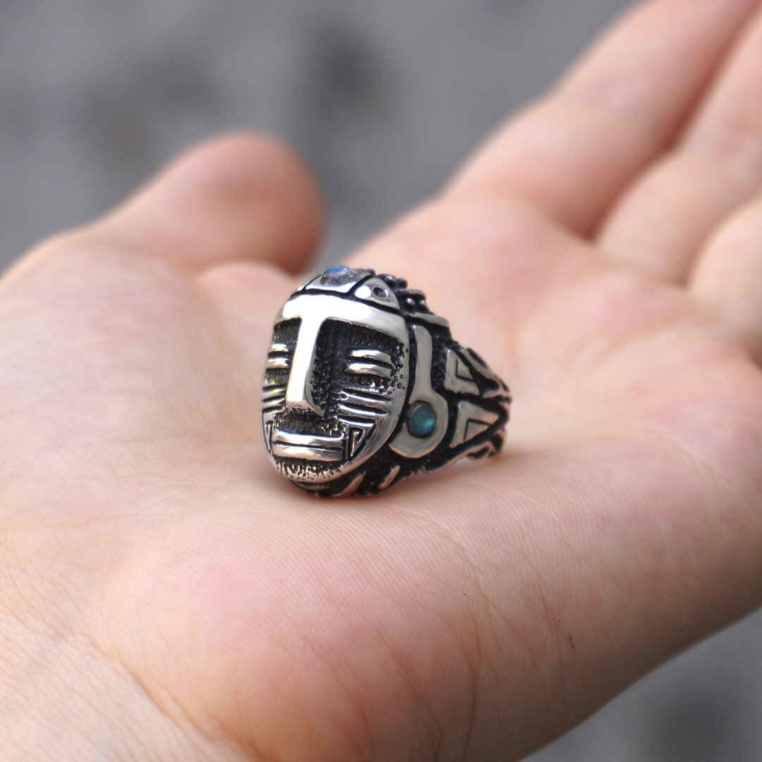 Mens Silver Statement Ring Aztec With Labradorite Stone, Mens Signet ...