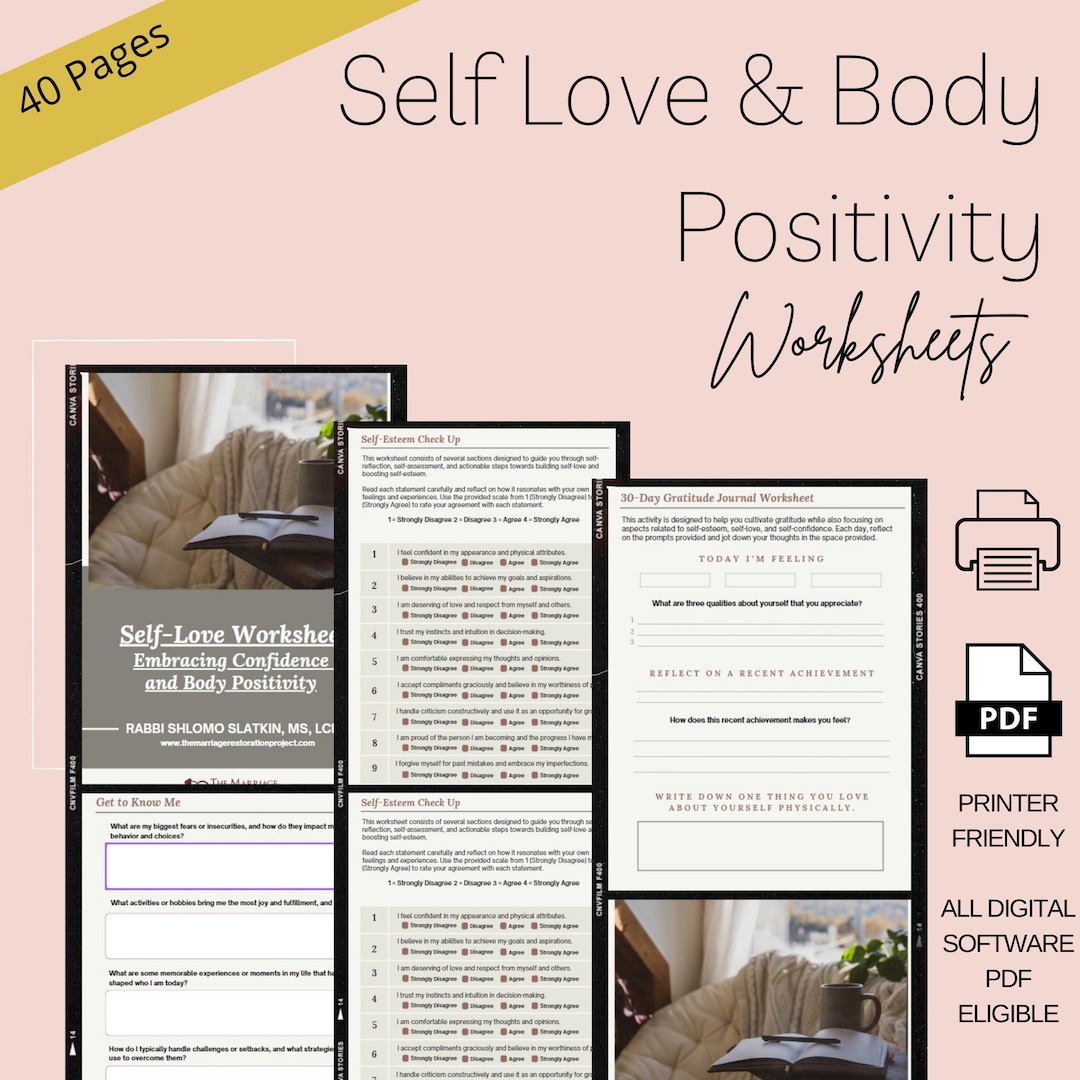 Self Love and Body Positivity Therapy Worksheets Self Esteem, Mental ...