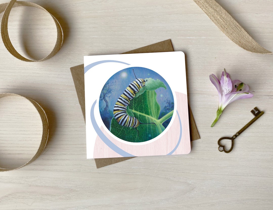 Caterpillar Greeting Card, Insect Square Wish Card, Stationery, Fantasy ...