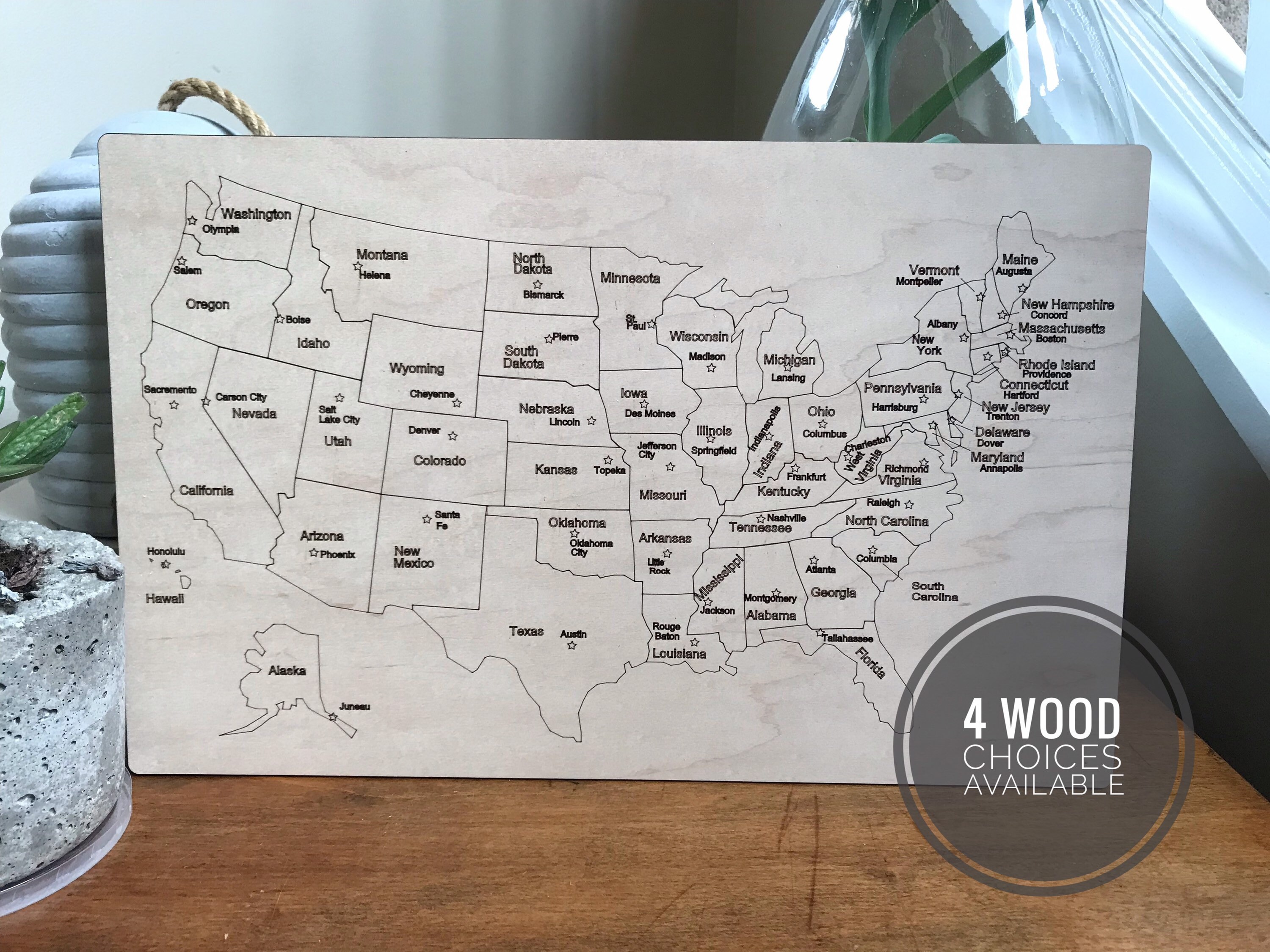 Engraved Wood United States Map/ USA States and Capitals Map ...