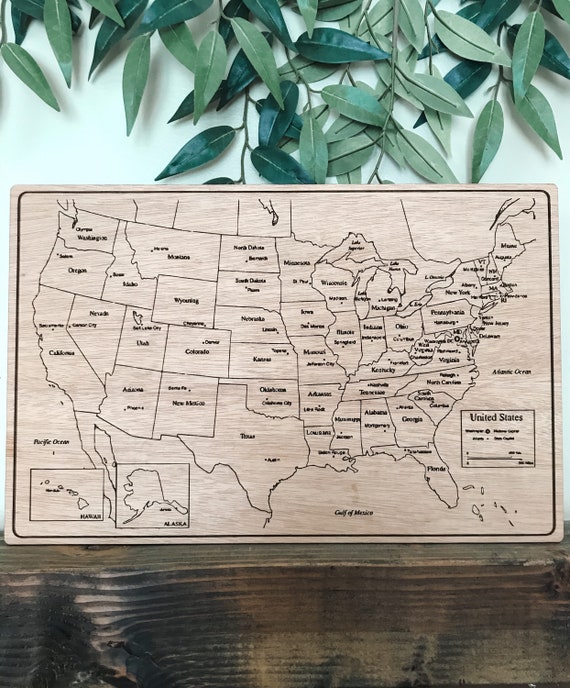 Engraved Wood United States Map/ USA States and Capitals Map/ | Etsy