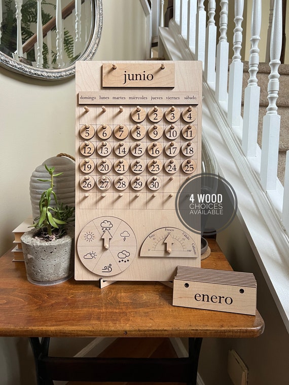 Spanish Wood School Calendar With Weather/ Homeschool Wood - Etsy