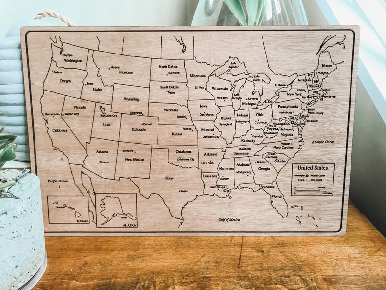 Engraved Wood United States Map/ USA States and Capitals Map ...