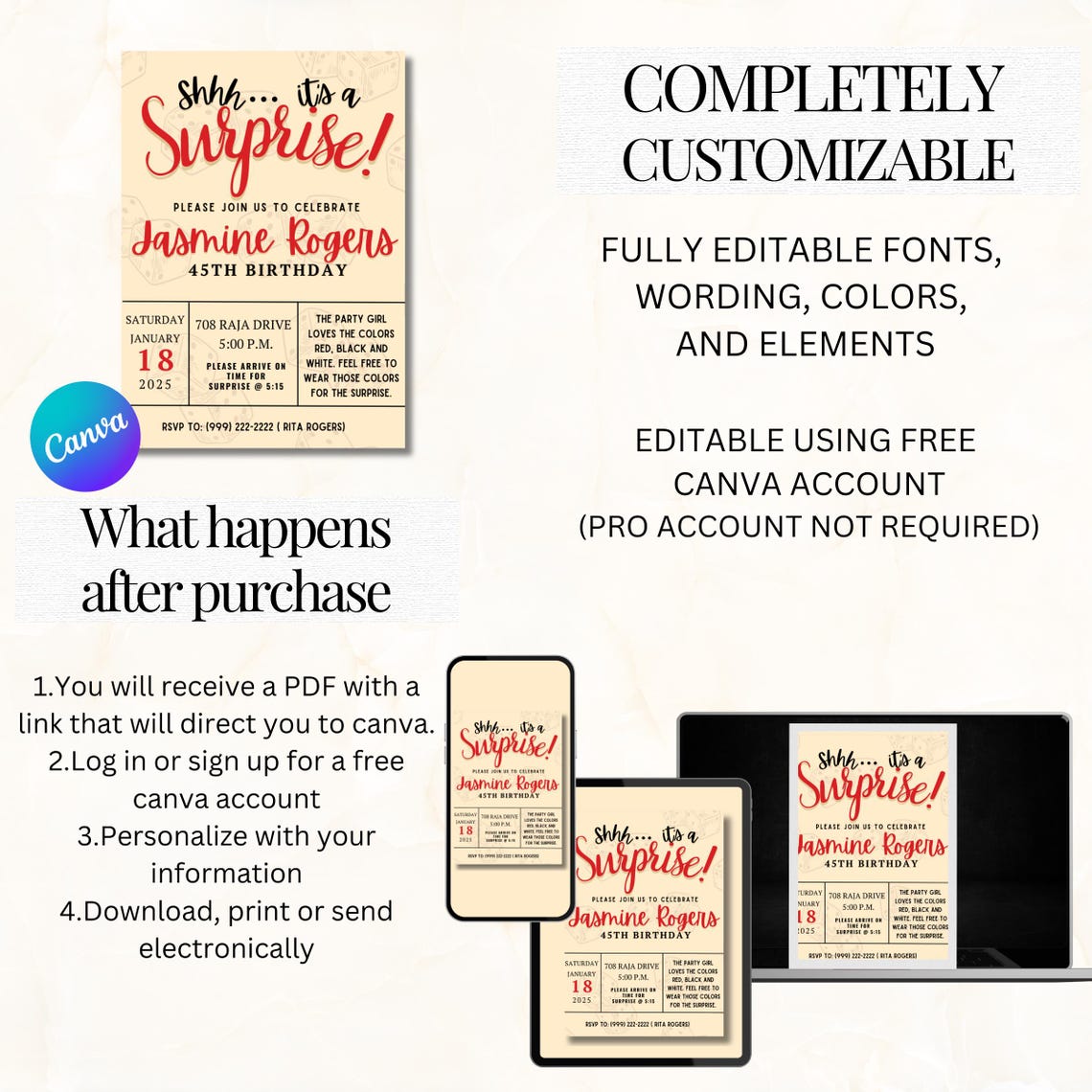 Surprise Invitation, Shhh Its a Surprise, Invite Editable Digital ...