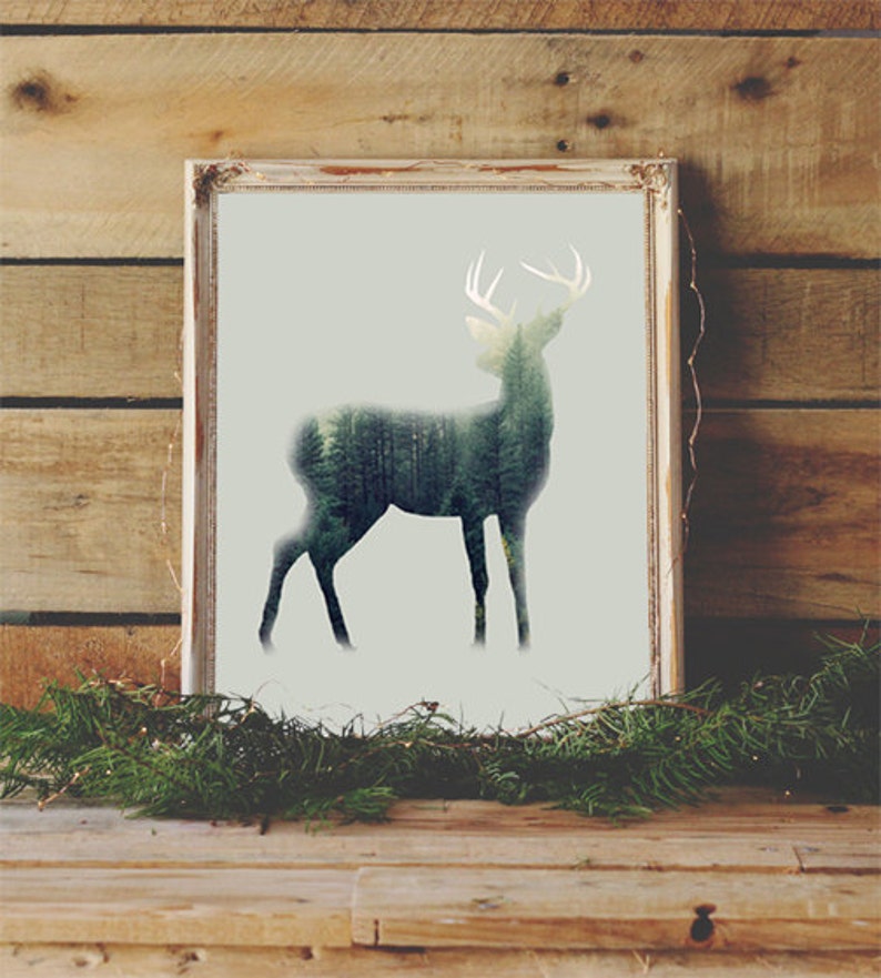 Deer Silhouette in the Forrest Rustic Art Print Rustic Home Decor ...