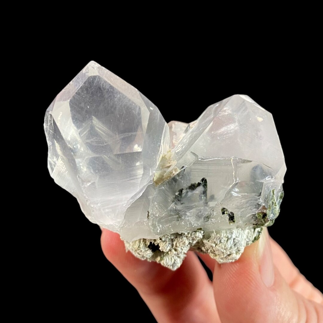 Trigonal Habit Quartz Crystal Cluster With Byssolite Inclusions & Green ...