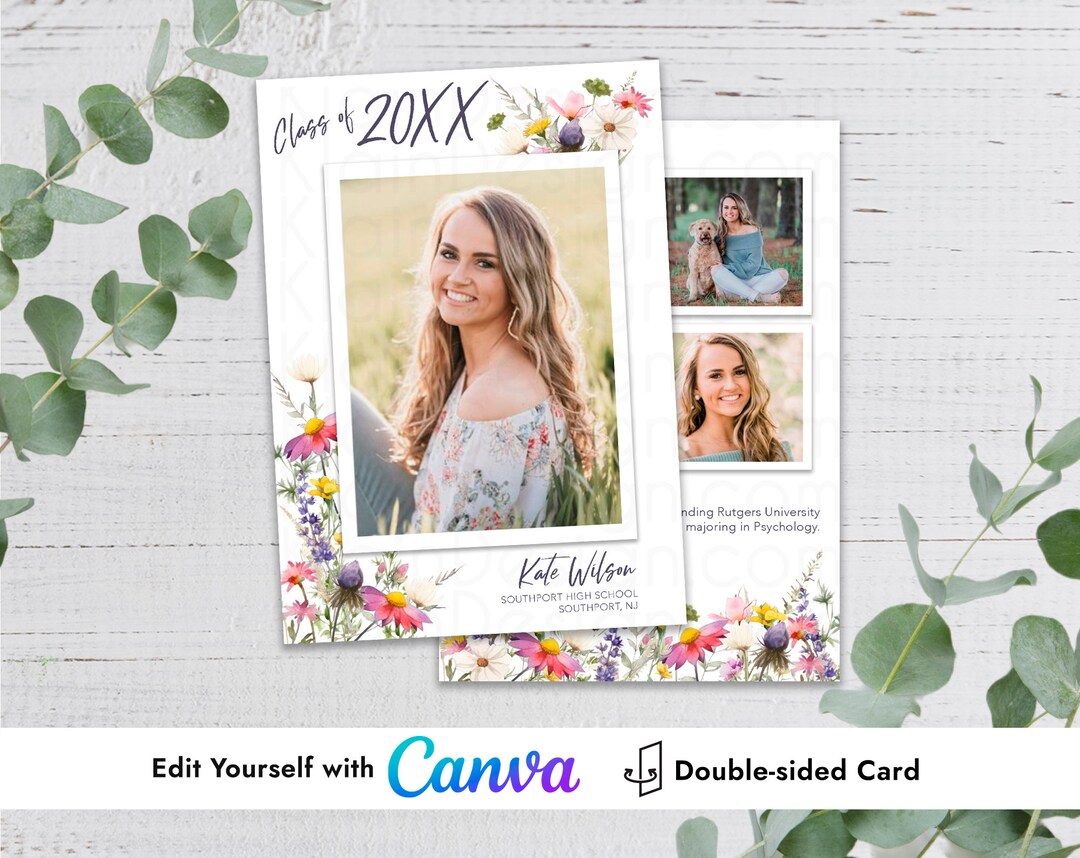 Wildflowers Feminine Graduation Photo Card Edit Yourself in Canva - Etsy