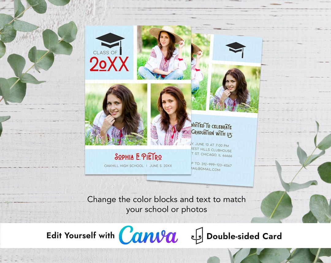 Editable Color and Photo Block Graduation Announcement Card Digital ...