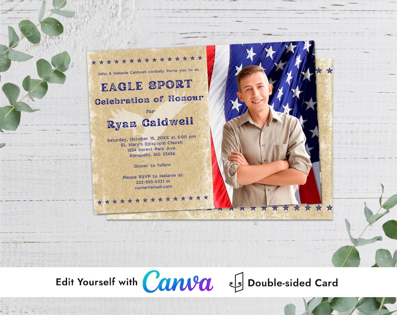Parchment Eagle Photo Canva Template Announcement Invitation - Etsy