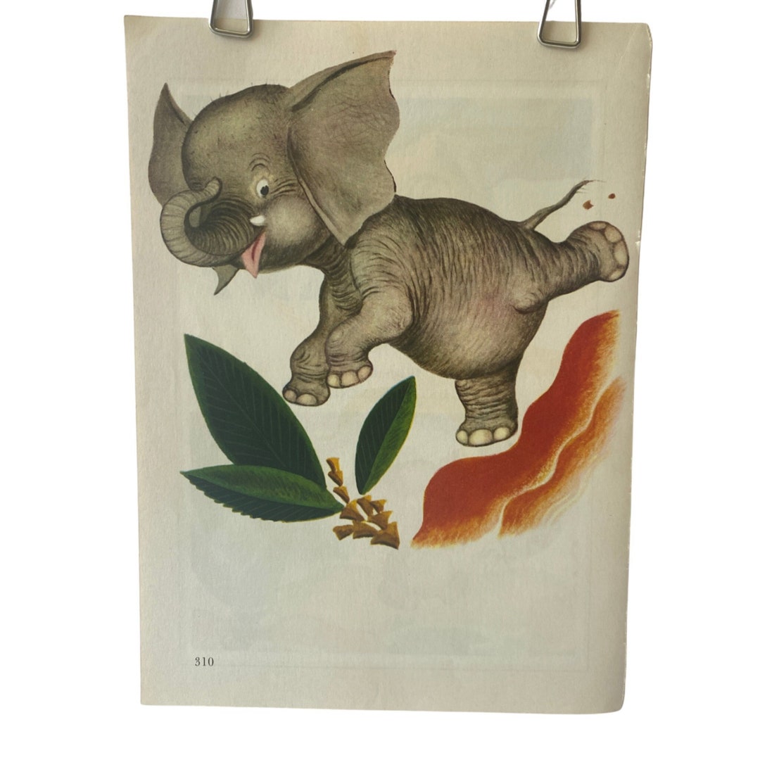 A5 1960s Little Golden Book Illustration Book Page Playful Elephant ...