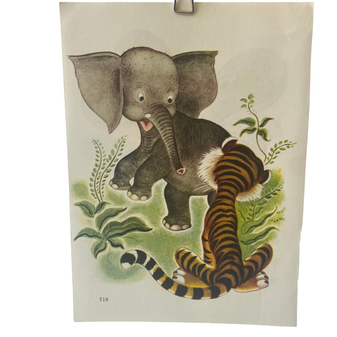 A5 1960s Little Golden Book Illustration Book Page Elephant and Tiger ...