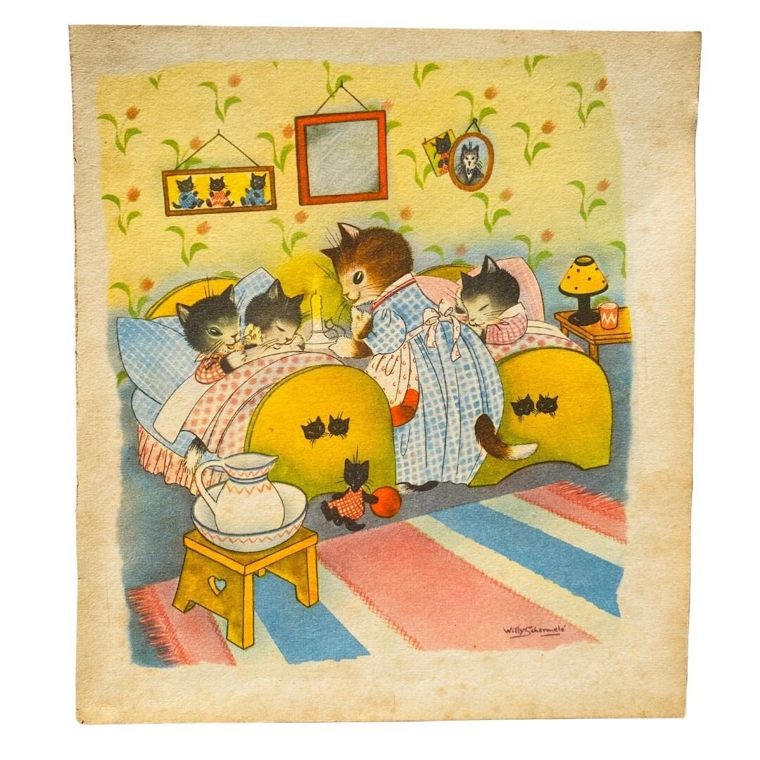 1950s Vintage Willy Schermele Print: Purry and Furry Nursery Wall Art ...