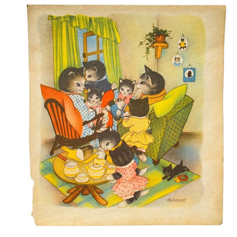 1950s Vintage Willy Schermele Print: Purry and Furry Nursery Wall Art ...