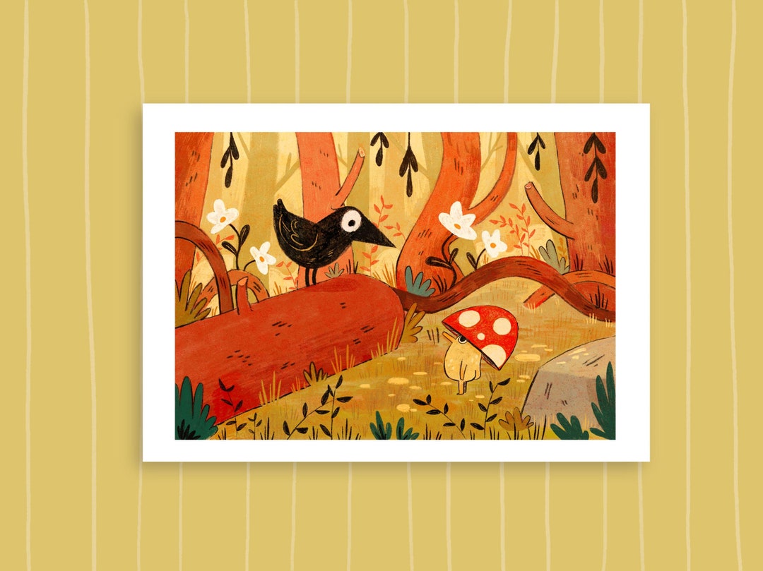 Raven & Mushroom Art Print, A5 Print, Small Print, Blackbird, Crow ...