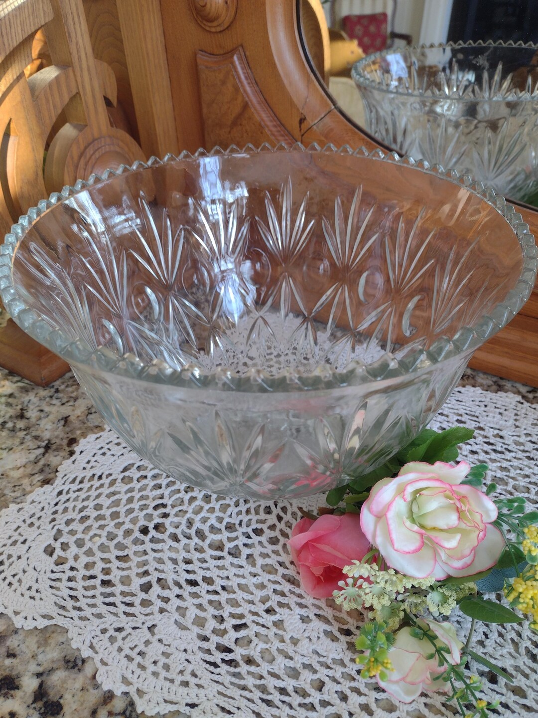 Large Vintage Cut Glass Bowl - Hazel Atlas Punch Bowl - Vintage Table ...