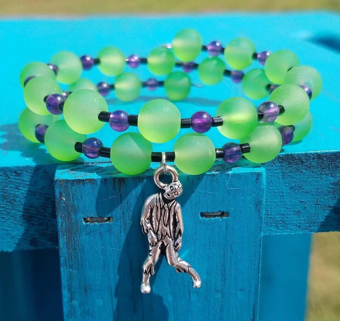 Zombie Memory Wire Bracelet With Green, Black, and Purple Beads ...