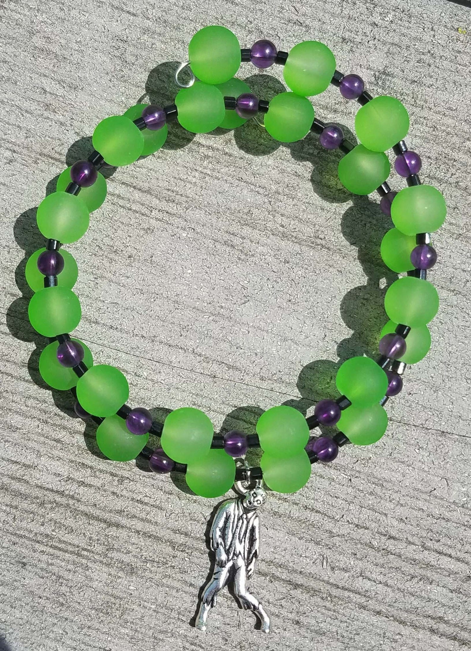 Zombie Memory Wire Bracelet With Green, Black, and Purple Beads ...