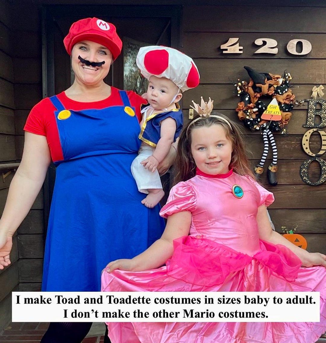 Toad Costume: Red Mushroom Hat, Blue Vest & Pants - Halloween Plus ...