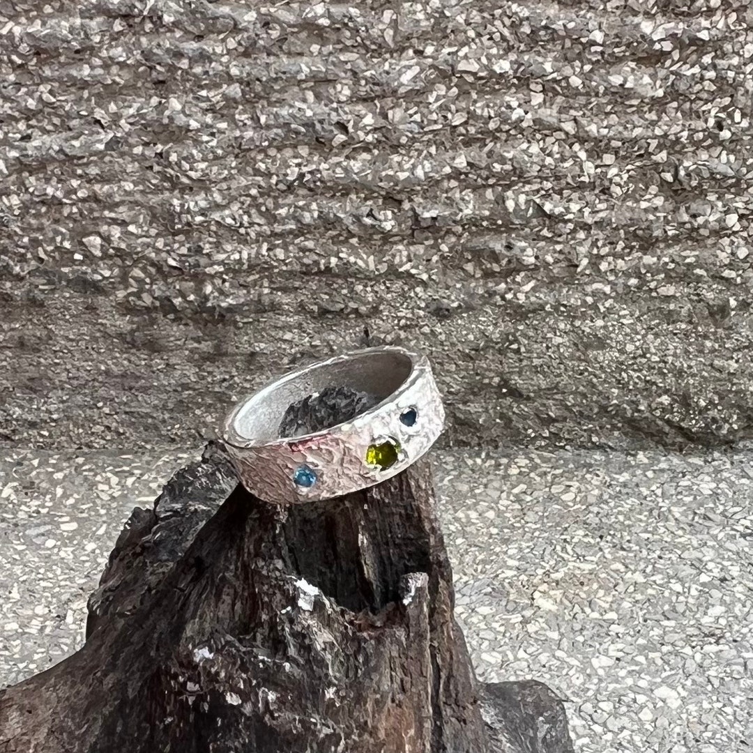 Choose Your Stone Color/ Custom Silver Ring/ Organic Shaped Silver Band ...