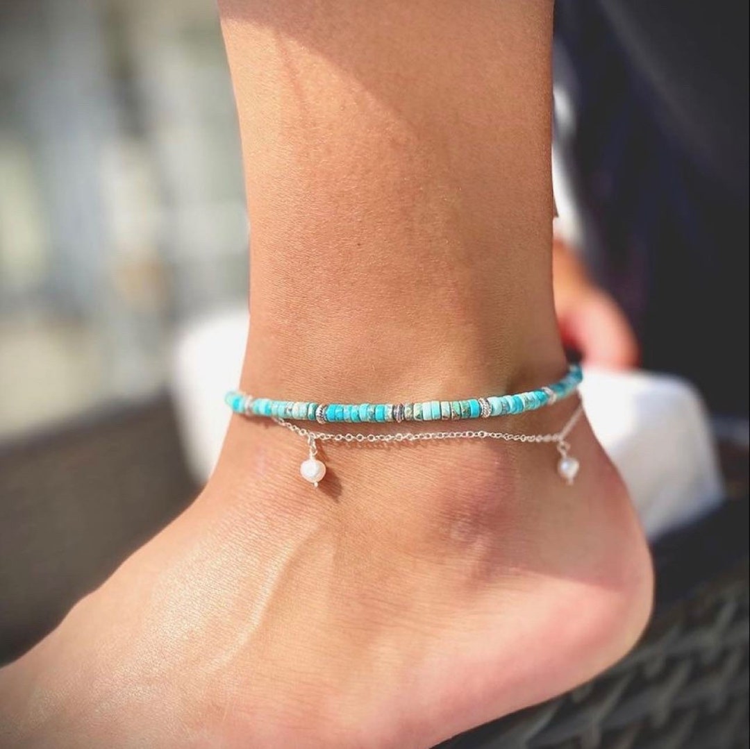 Jasper Turquoise Anklet Turquoise Anklet With Pearls - Etsy