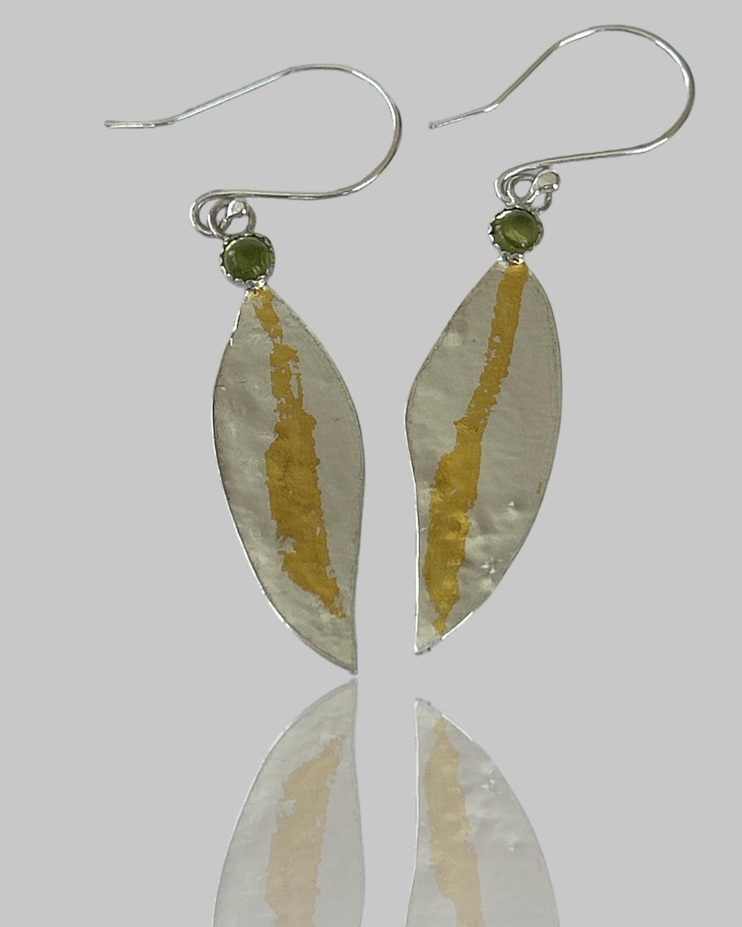 Silver and Gold Leaf Earrings With Peridot Gemstone, Keum Boo Technique ...