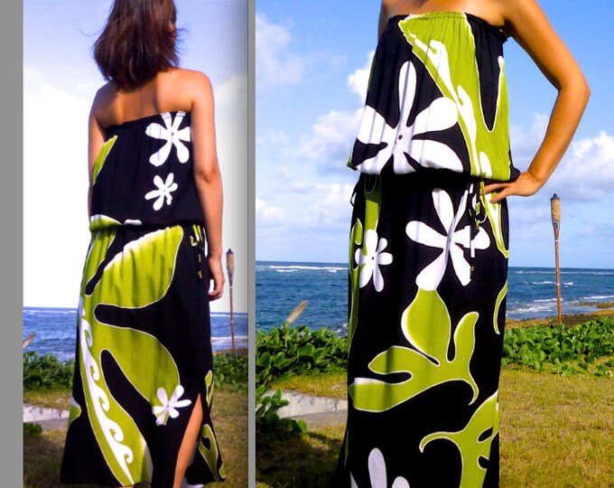 TIARE POLYNESIAN LONG Black Dress - Plumeria Sun Pareo, Summer Dress ...