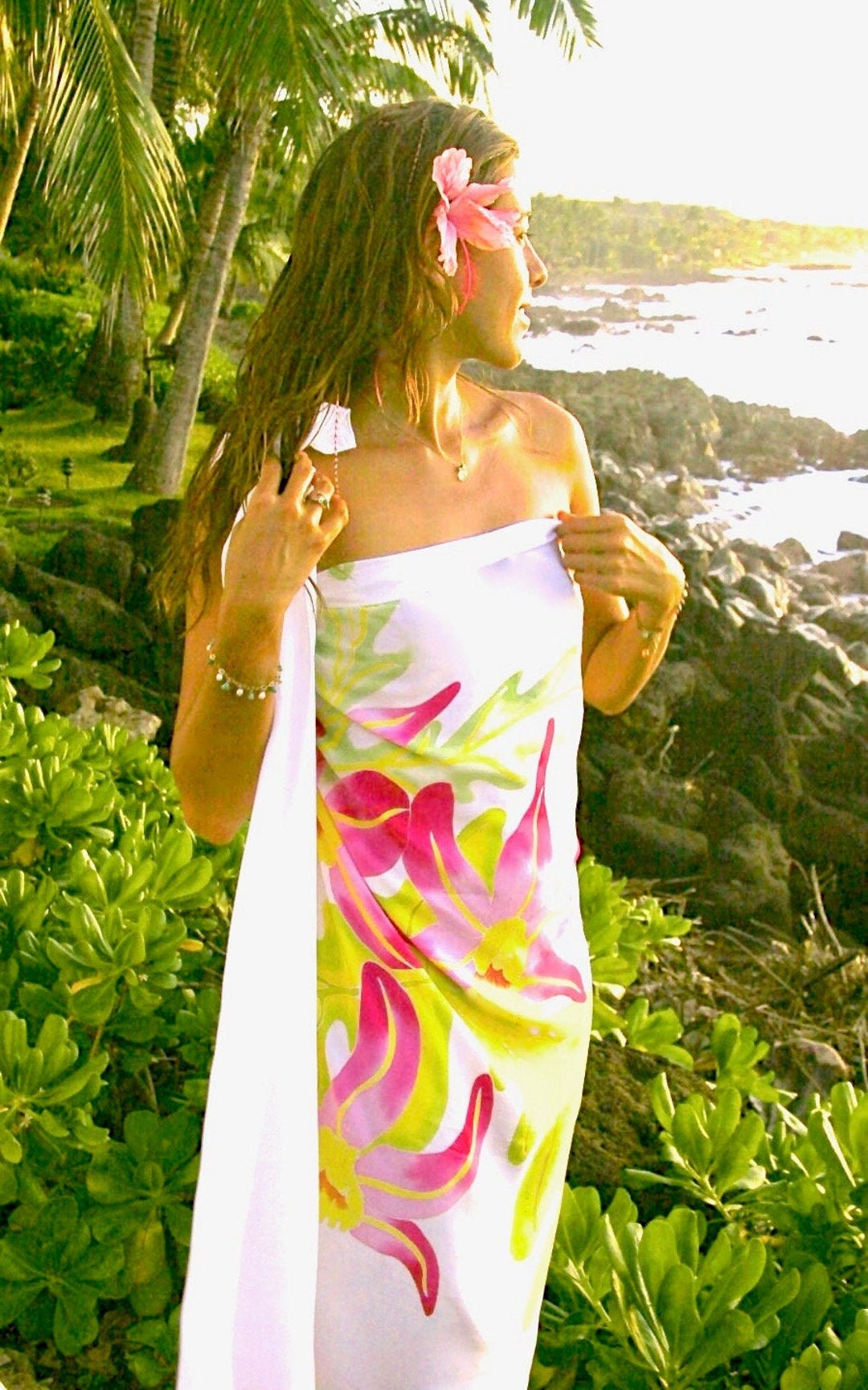 PLUMERIA SUN ECO Pareo Orchid White. Aloha Gift. Eco Gift. Beach ...
