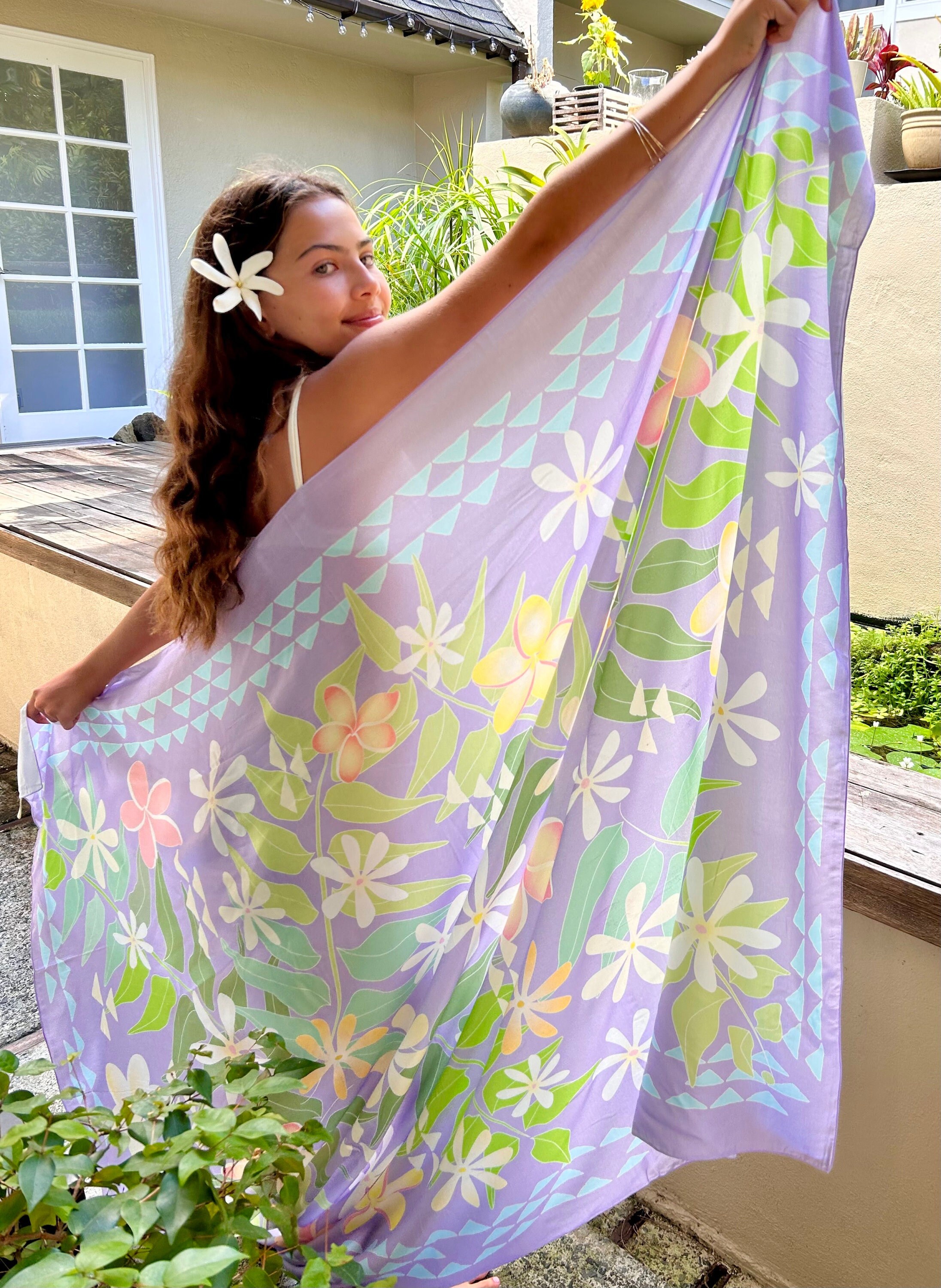 PLUMERIA SUN Tropical Garden LAVENDER Hawaiian Full Sizeeco Pareo Aloha ...