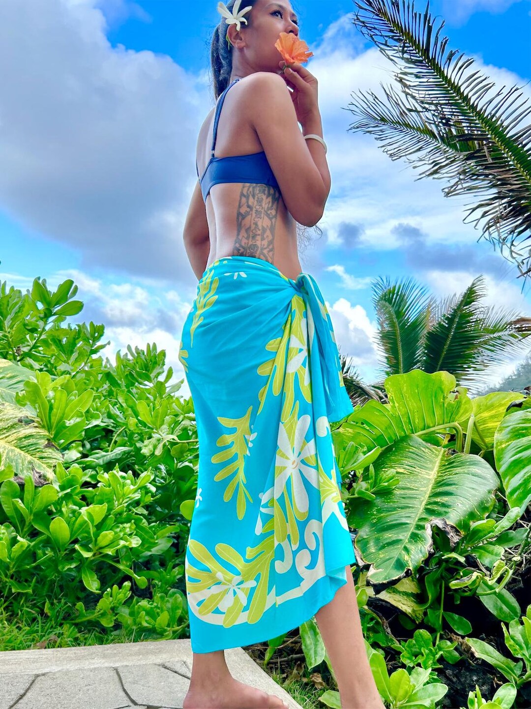 PLUMERIA SUN ECO Beach Pareo Fairy Tiare in Turquoise. Aloha Gift. Eco ...