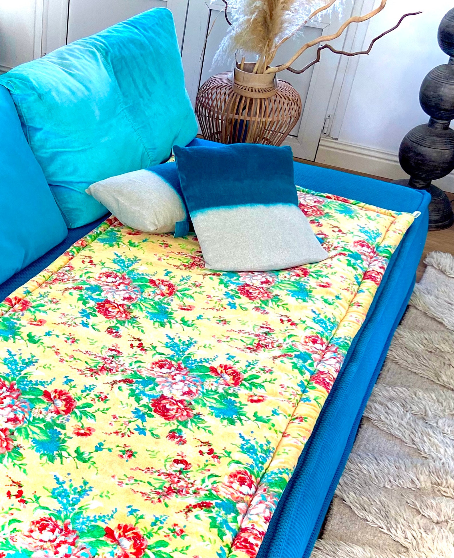 Mattress Topper Yellow Velvet Flower Print Denim Fleece Floor - Etsy