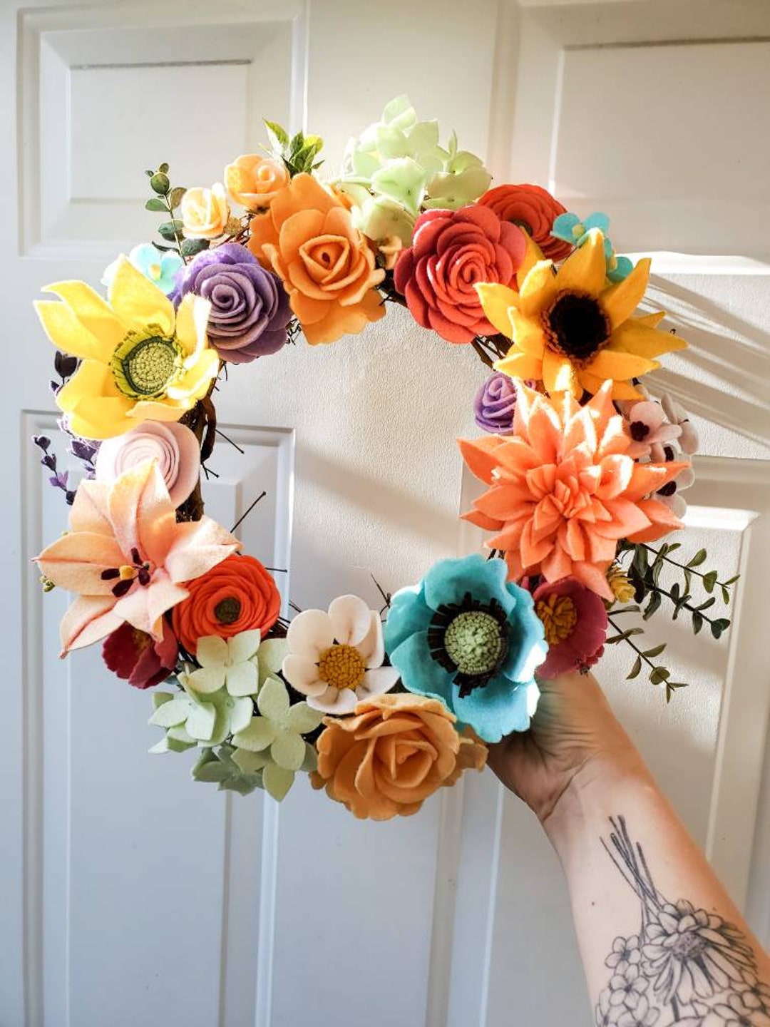 Wreath, Felt Flower Wreath, Bright Spring Wreath, Full Flower Wreath ...