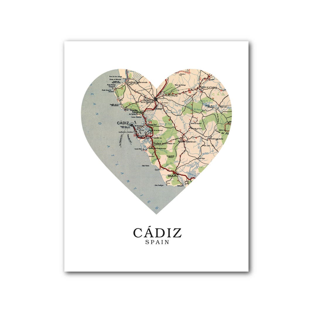 Cadiz Map Heart Print, Spain Map Art, Cadiz Spain Map, Heart Map Print ...