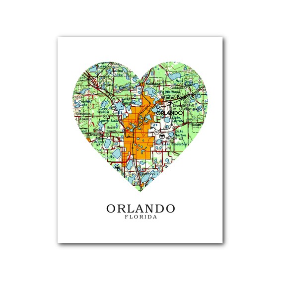Orlando Map Heart Print Orlando Map Art Florida Map Heart | Etsy