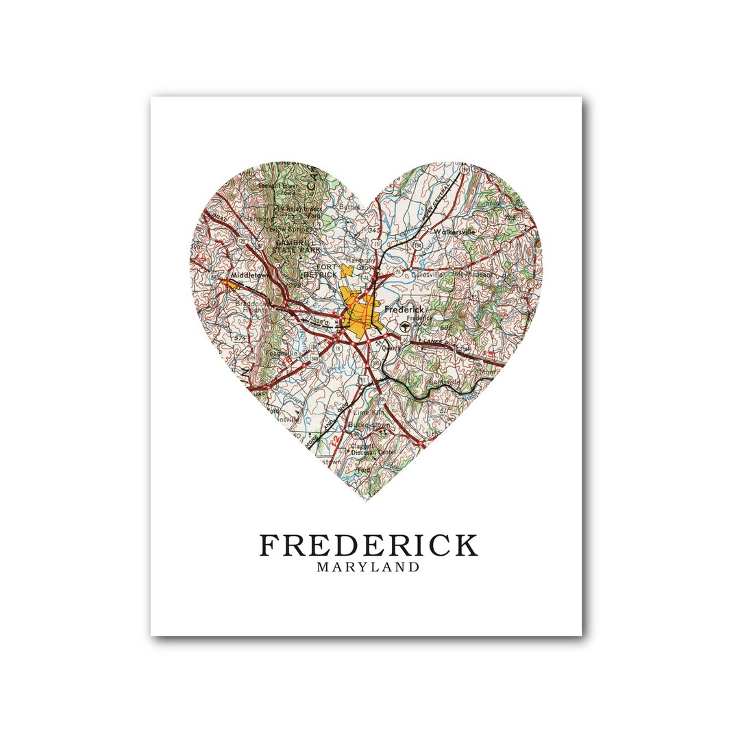 Frederick City Map Heart Print, Frederick Map Art, Frederick Map, Heart ...