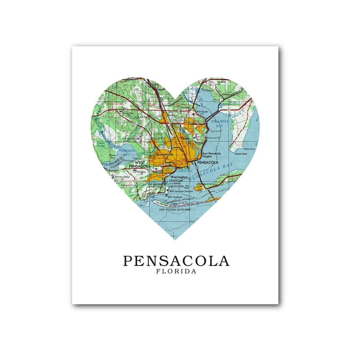 Pensacola Map Heart Print Pensacola Map Art Florida Map - Etsy