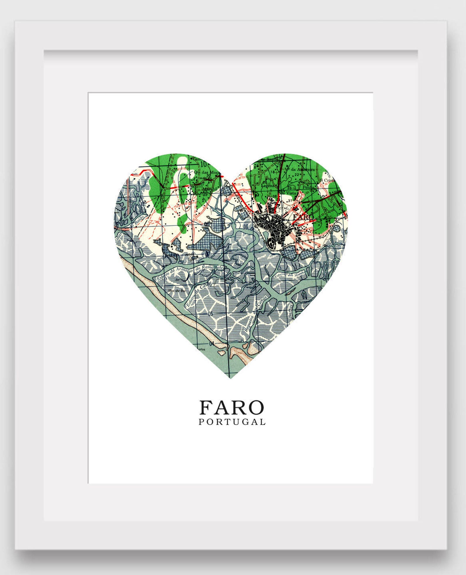 Faro Map Heart Print, Portugal Map Art, Faro Portugal Map, Heart Map ...