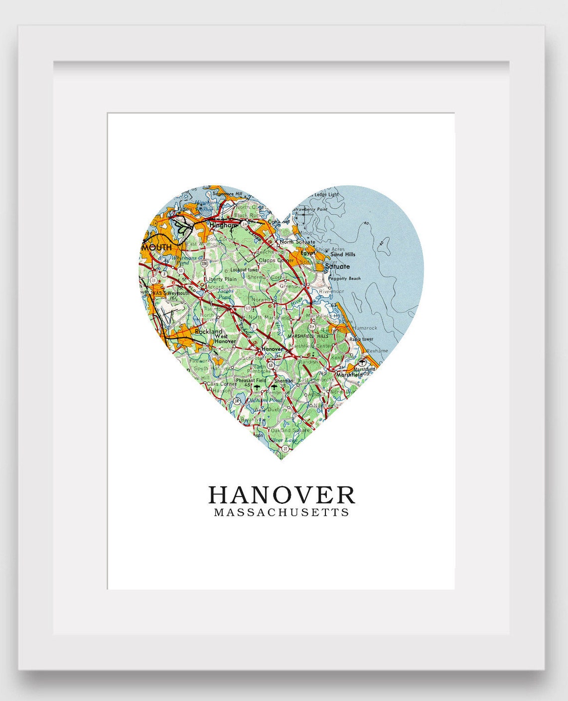 Hanover Map Heart Print Massachusetts Map Art Hanover Map - Etsy