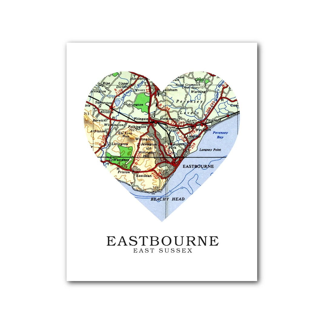 Eastbourne Map Heart Print, Eastbourne Map Art, Sussex Map, Sussex ...