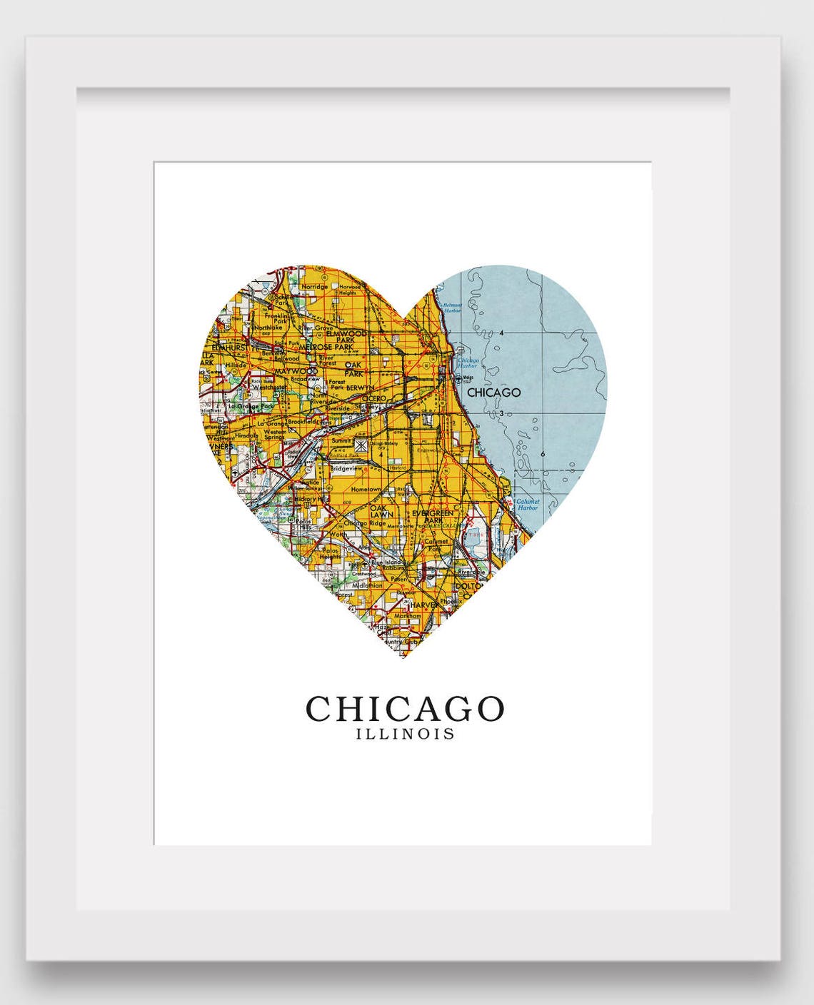 Chicago Map Heart Print Chicago Map Art Illinois Map Heart | Etsy