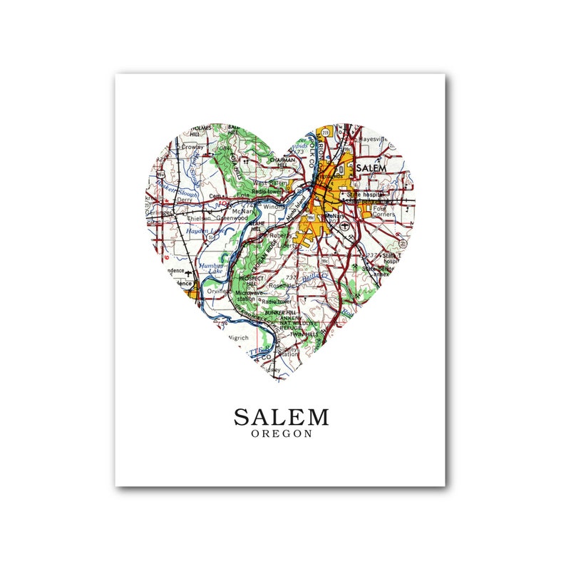 Salem Map Heart Print Salem Map Art Oregon Map Heart Map | Etsy