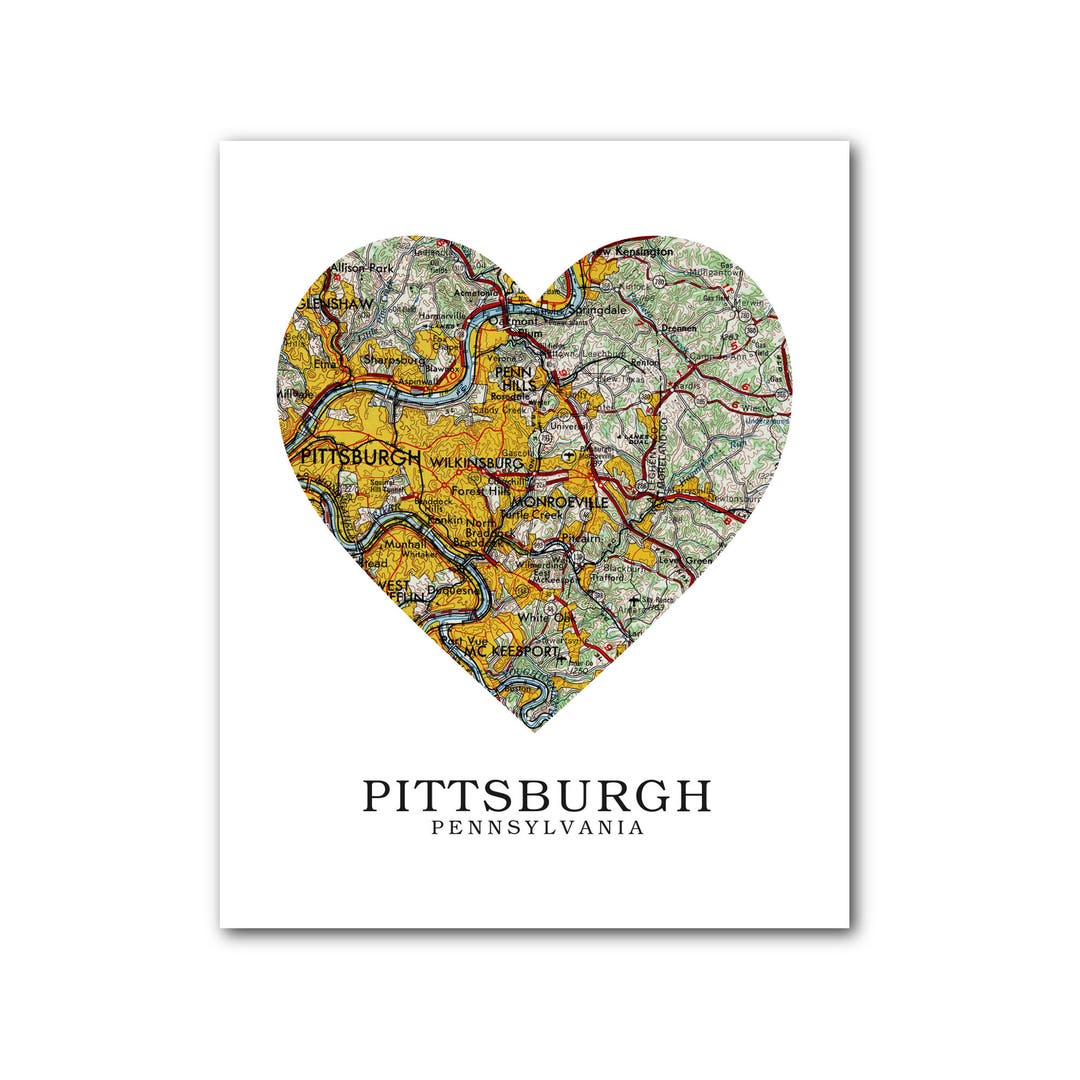 Pittsburgh Map Heart Print, Pittsburgh Map Art, Pittsburgh Map, Heart ...