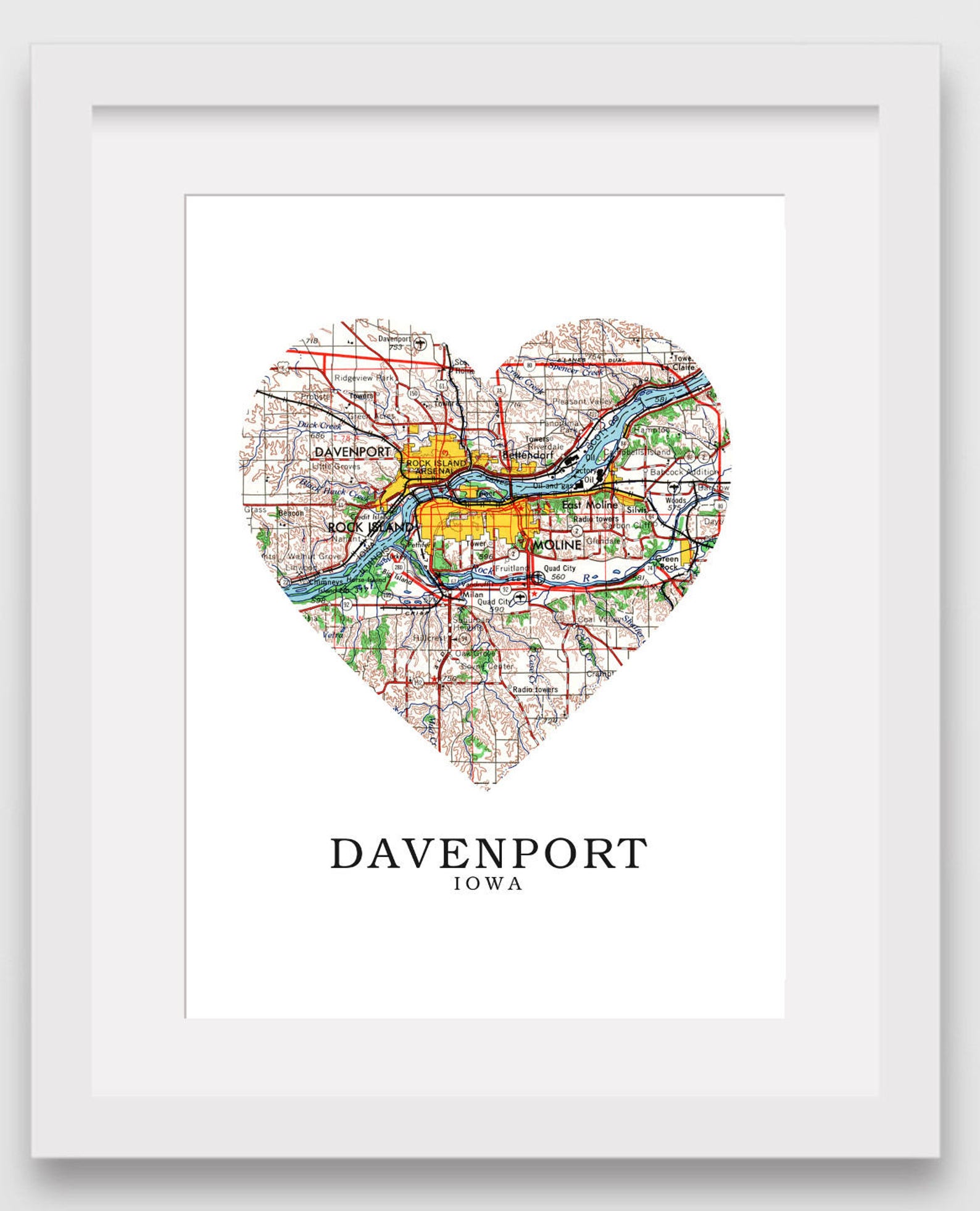 Davenport Map Heart Print Davenport Map Art Davenport Map | Etsy