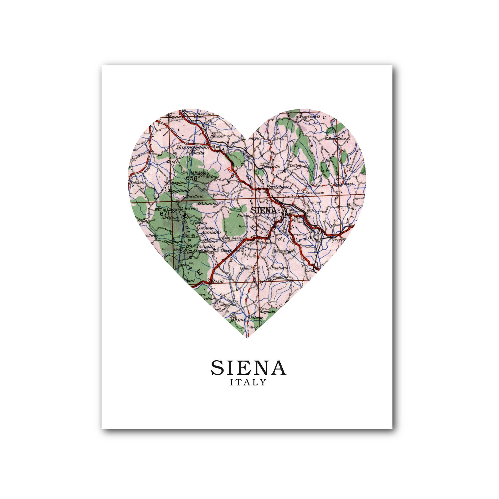 Siena Map Heart Print Italy Map Art Siena Italy Map Siena - Etsy UK