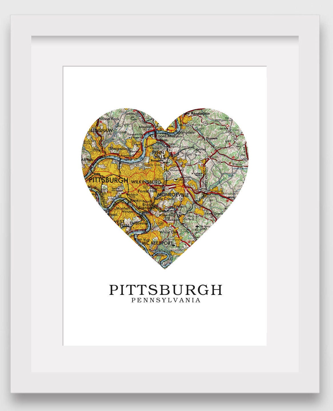 Pittsburgh Map Heart Print Pittsburgh Map Art Pittsburgh - Etsy