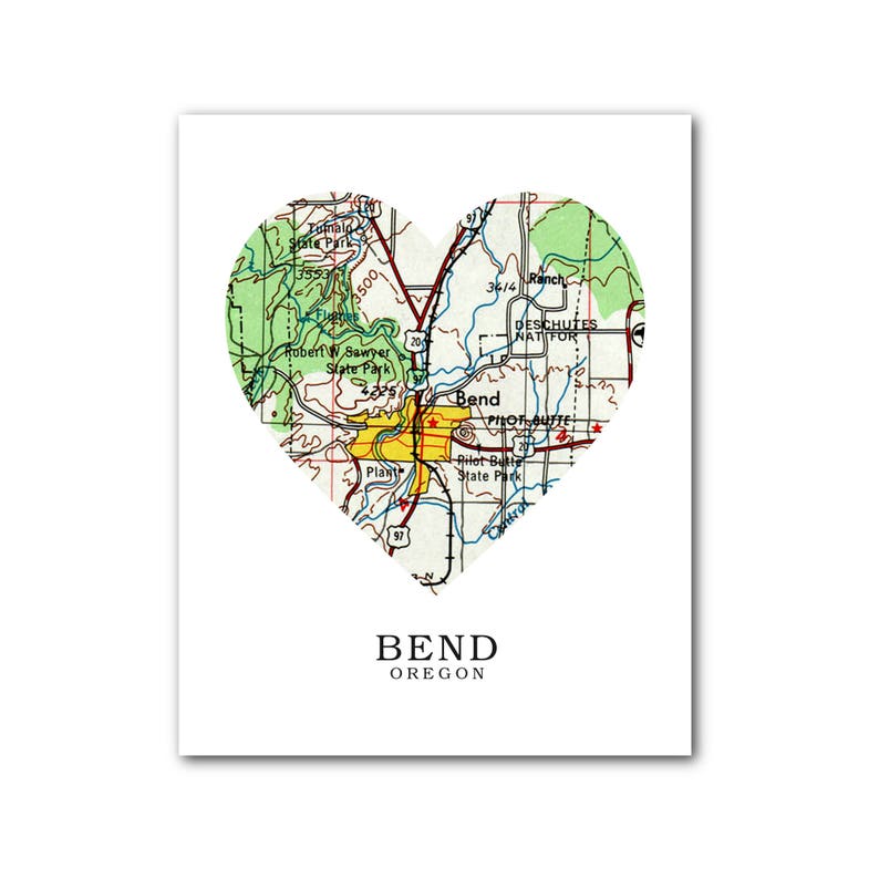 Bend Map Heart Print Bend Map Art Oregon Map Heart Map - Etsy
